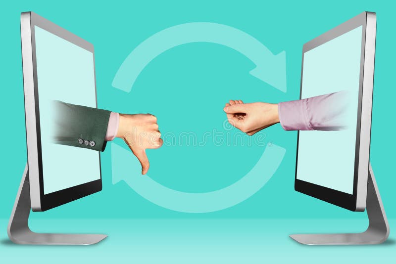 E-commerce Concept, Two Hands from Displays. Thumbs Down, Dislike and ...