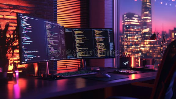Night City Programmer Workspace Modern Desk Setup Coding Screens View ...