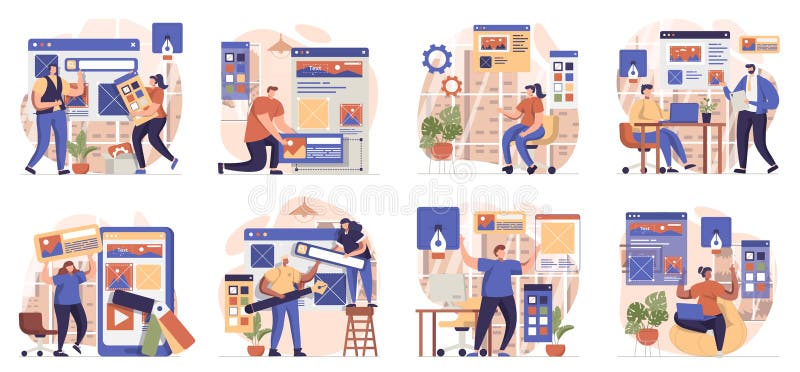 Web Design Collection of Scenes Isolated. People Create Website Layout ...