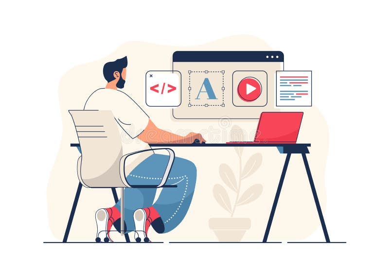 Web Design Concept for Web Banner. Man Creates Site Layout Stock Vector ...