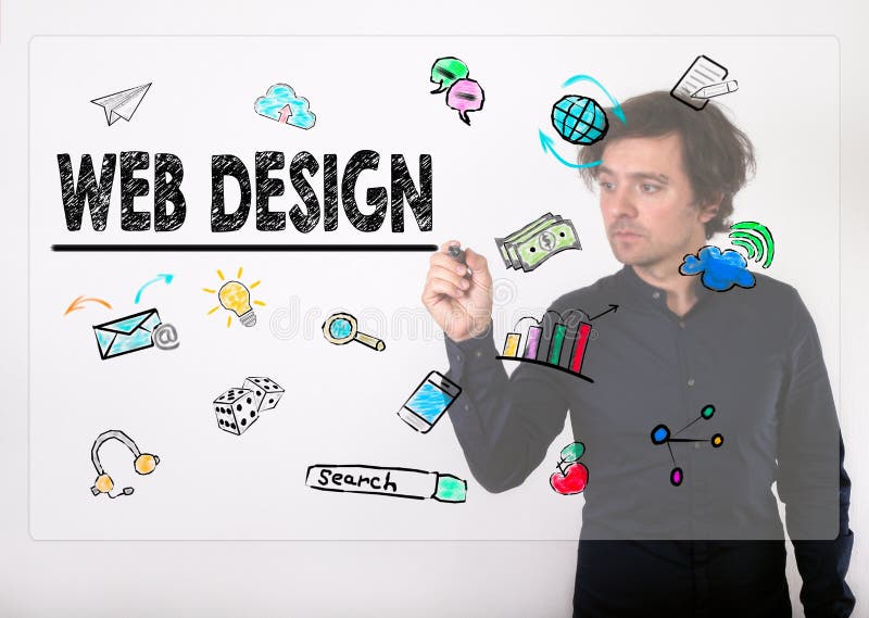 Web Design Concept. Businessman Writing with Black Marker on Visual ...