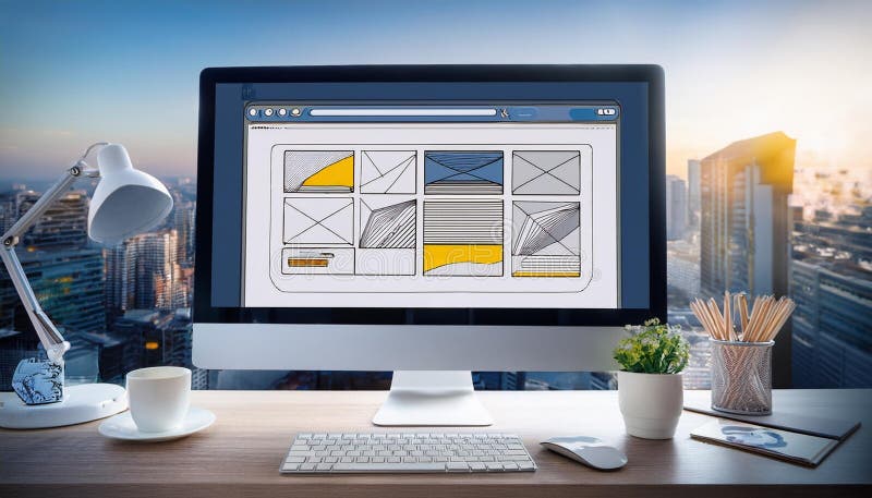 Web Design Concept with Computer Display, Web Theme and Drawings of Website, App Parts. Modern ...