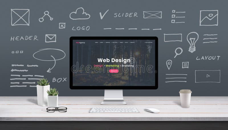 Web Design Concept with Computer Display, Web Theme and Drawings of ...