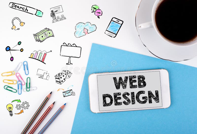 Web Design Concept. Mobile Phone and Coffee Cup on a White Office Desk ...