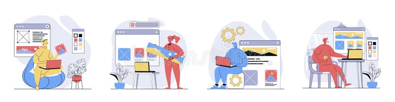 Web Design Concept Set in Flat Design. Collection with People Creating ...