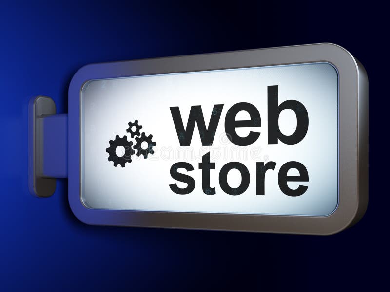 Web Design Concept: Web Store and Gears on Billboard Background Stock ...
