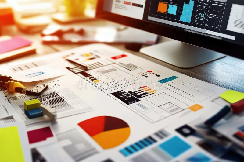 Web Design and Development Documents Spread Across Desk Stock ...