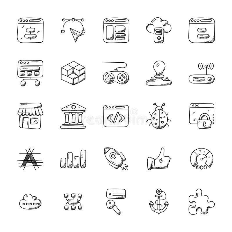 Web Design and Development Doodle Icons Stock Illustration ...