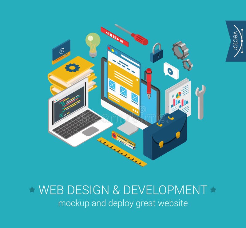Web Design Development Programming Coding Mockup Flat 3d Concept Stock