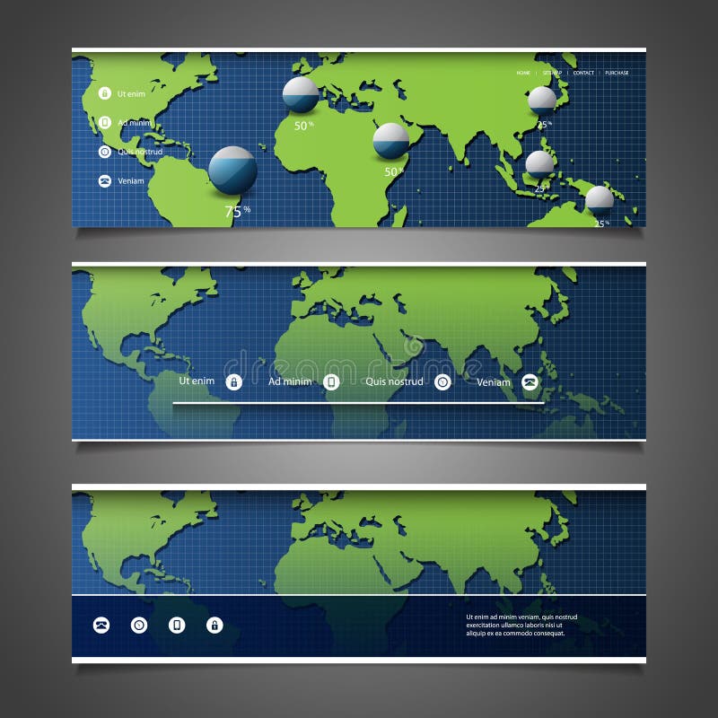 Web Design Elements - Header Designs with World Map Stock Vector ...