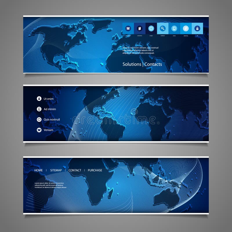 Web Design Elements - Header Designs with World Map Stock Vector ...