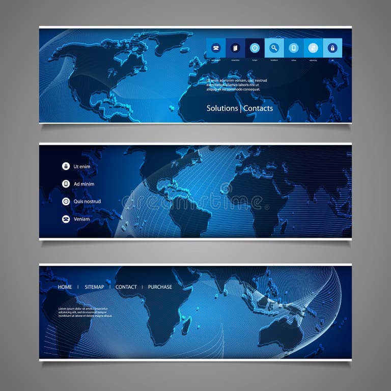 Web Design Elements - Header Designs with World Map Stock Vector ...