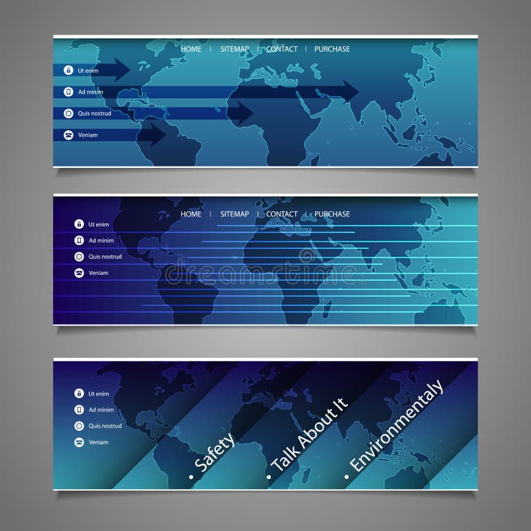 Web Design Elements - Header Designs with World Map Stock Vector ...