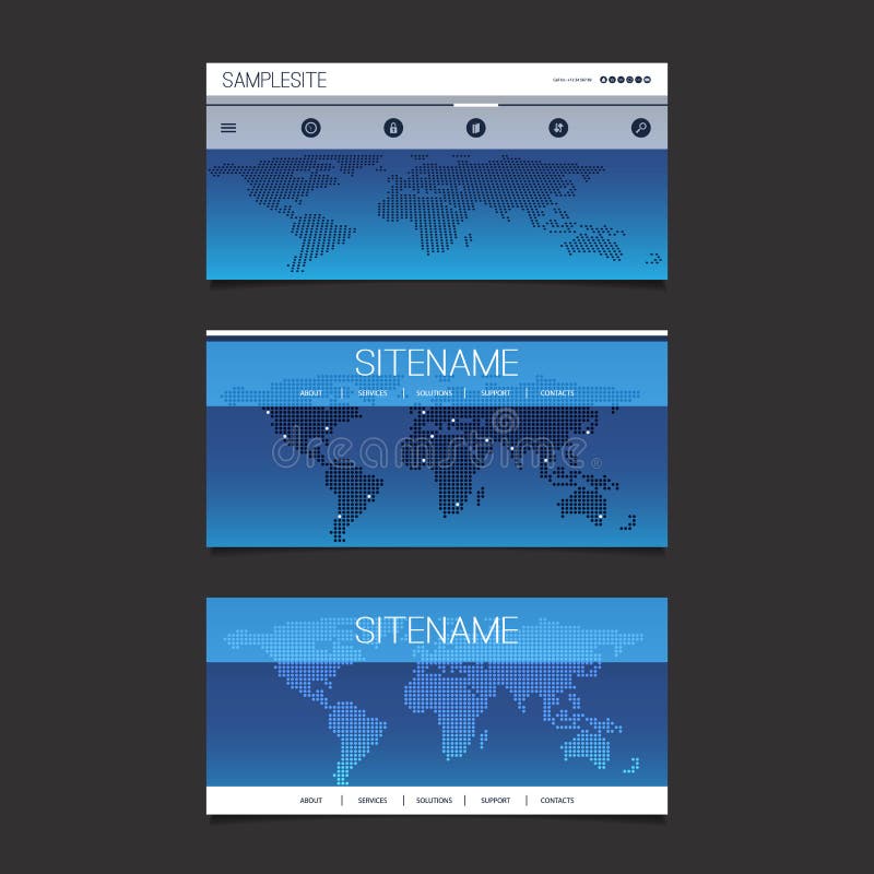 Web Design Elements - Header Design Set with Spotted World Map Stock ...