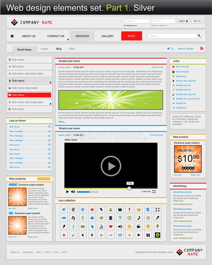 Web Design Elements Set. Part 2. Silver Stock Vector - Illustration of ...