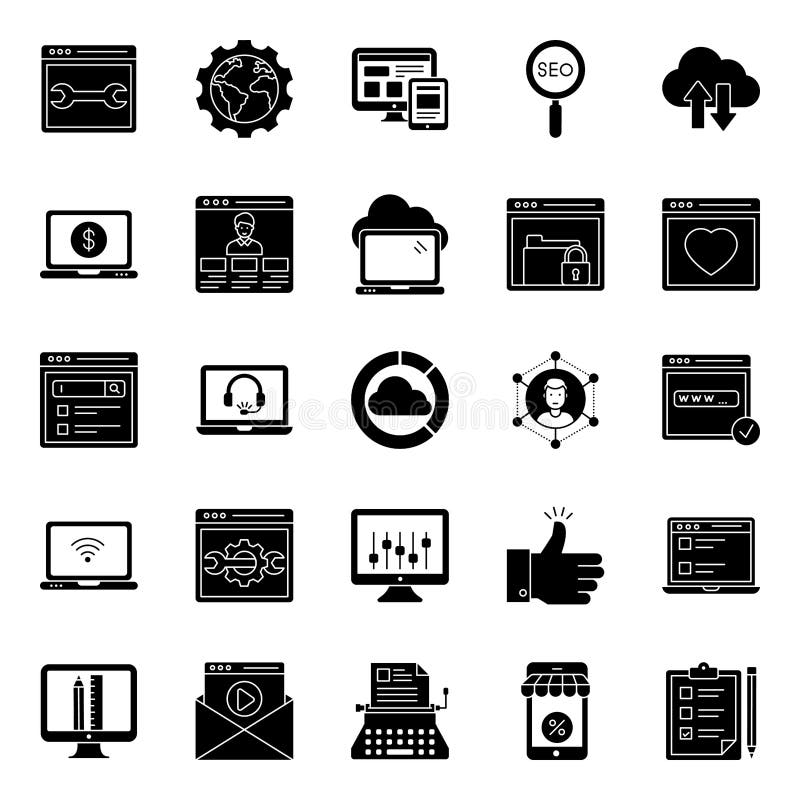 Web Design Glyph Icons Pack Stock Vector - Illustration of network ...
