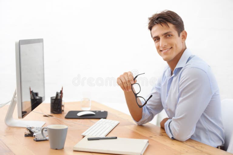 Web Design, Portrait or Happy Man with Computer at Office Reading ...