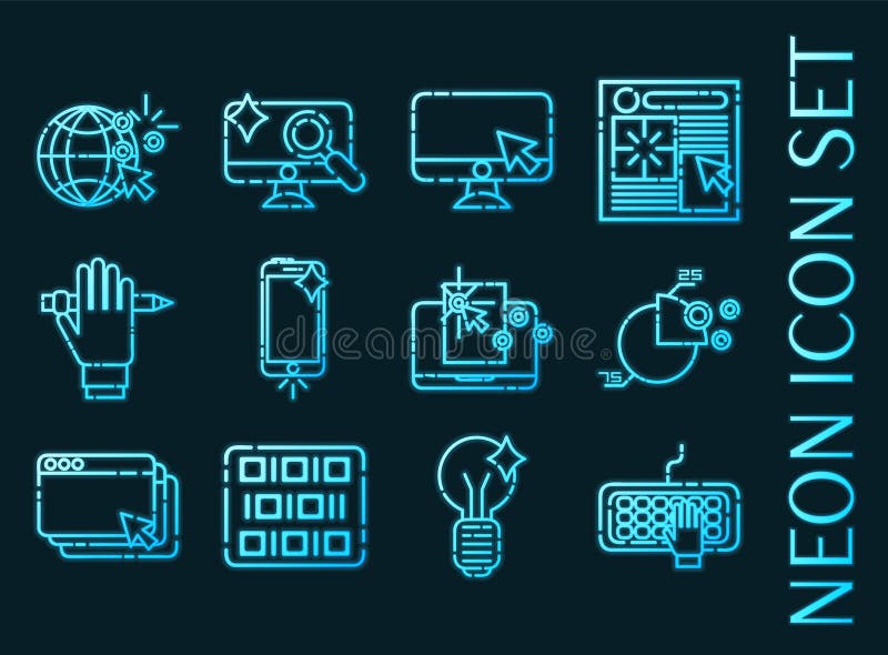 Web Design Set Icons. Blue Glowing Neon Style Stock Vector ...