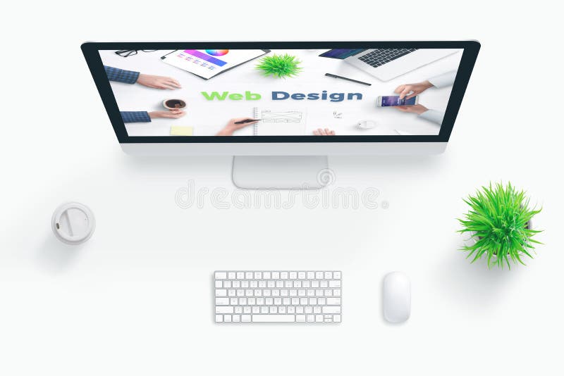 Web Design Studio Concept. Flat Lay Scene with Computer Display and Web ...
