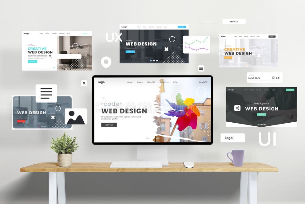 Web Design Studio Concept Pages Flying Around with Web Page Modules, Showcasing the Creative ...