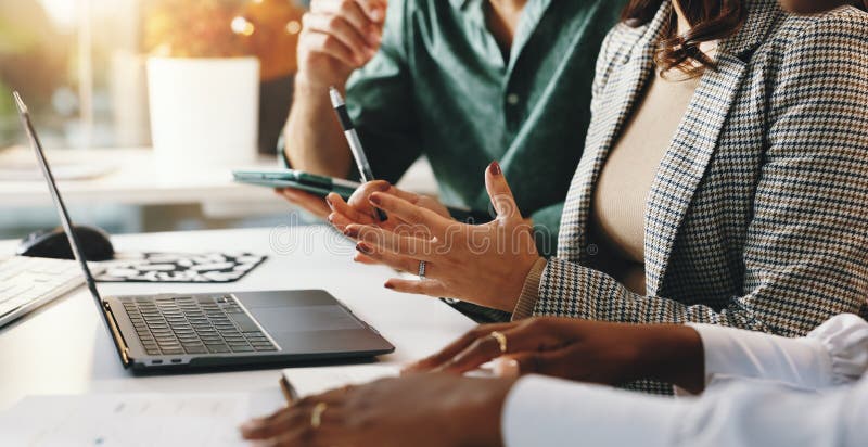 Web Design Team, Meeting and Laptop for Hands, Training or Work Review for Data Analysis ...