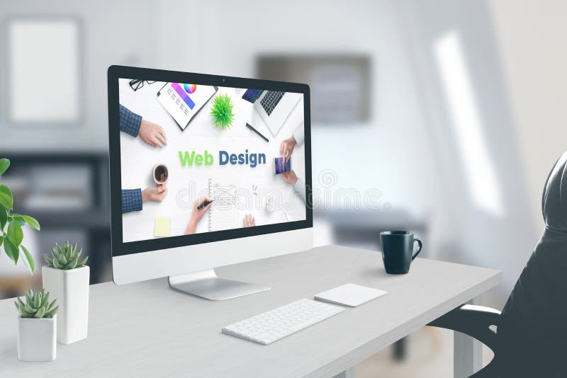 Web Design Text on Work Desk Surrounded with Web Development Team Stock ...