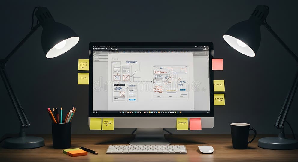 Web Design Wireframe on Computer with Sticky Notes and Desk Lamps Stock ...