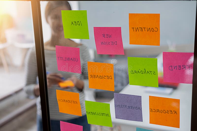 Web Designer Brainstorming for a Strategy Plan. Colorful Sticky Notes ...