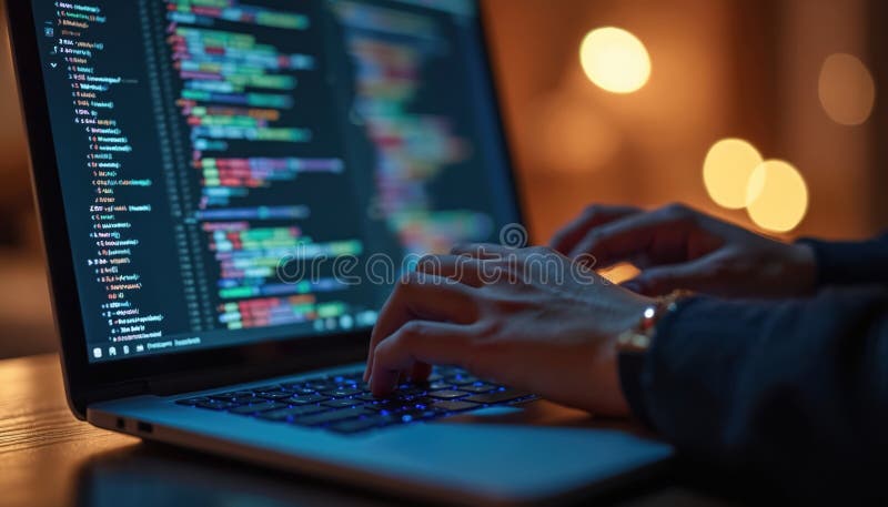 Web Designer Codes Website on Laptop. Person Types Code. Displayed Web Designs User Interfaces ...