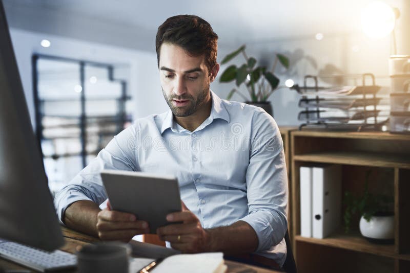 Web Designer, Tablet and Night with Desk, Research and Overtime Work ...