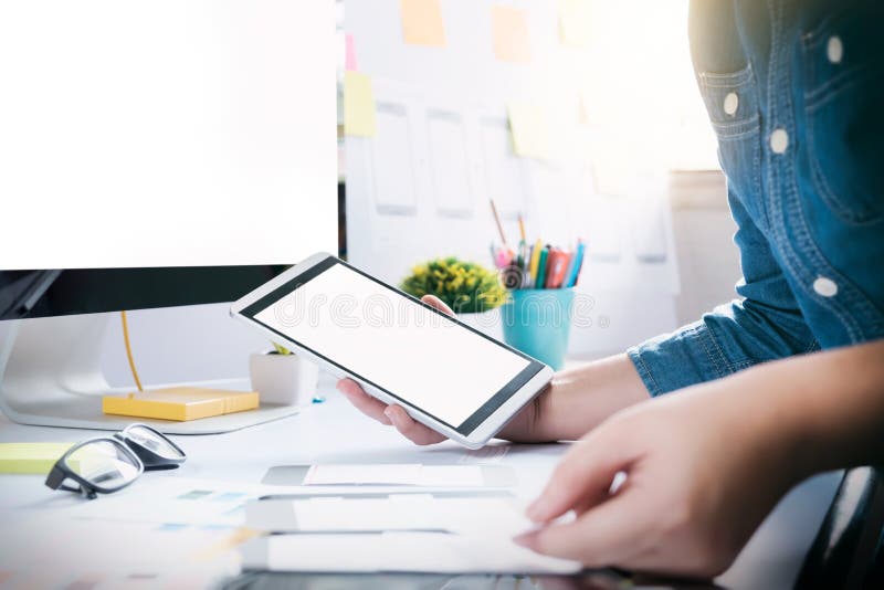 Web Designer, UX UI Designer Working To Design Screen. Stock Photo ...