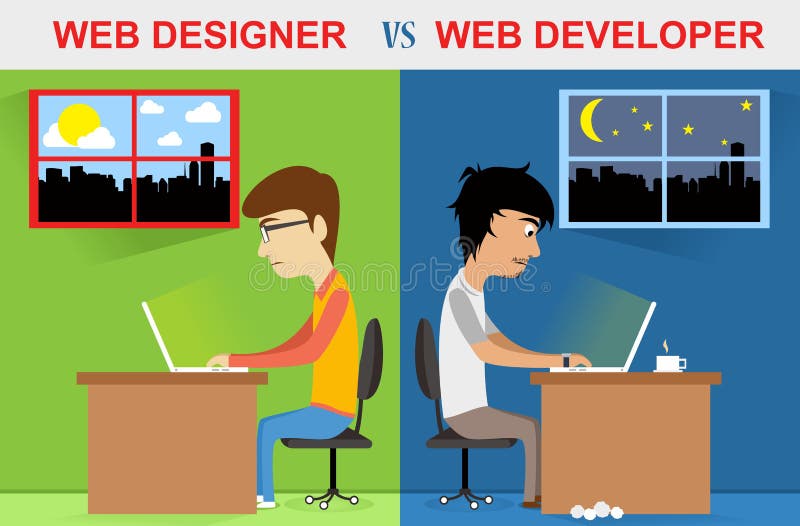 Web Designer Vs Web Developer Stock Illustration - Illustration of cute ...