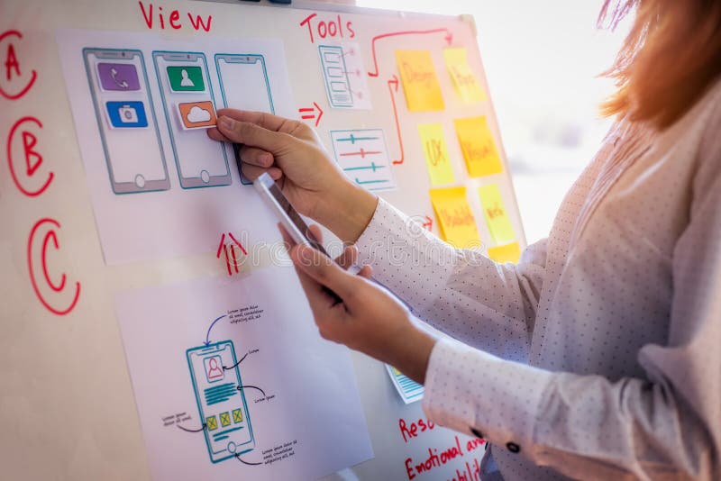 Web Designer Woman Doing Test Sketch Drawing Application for Mobile ...