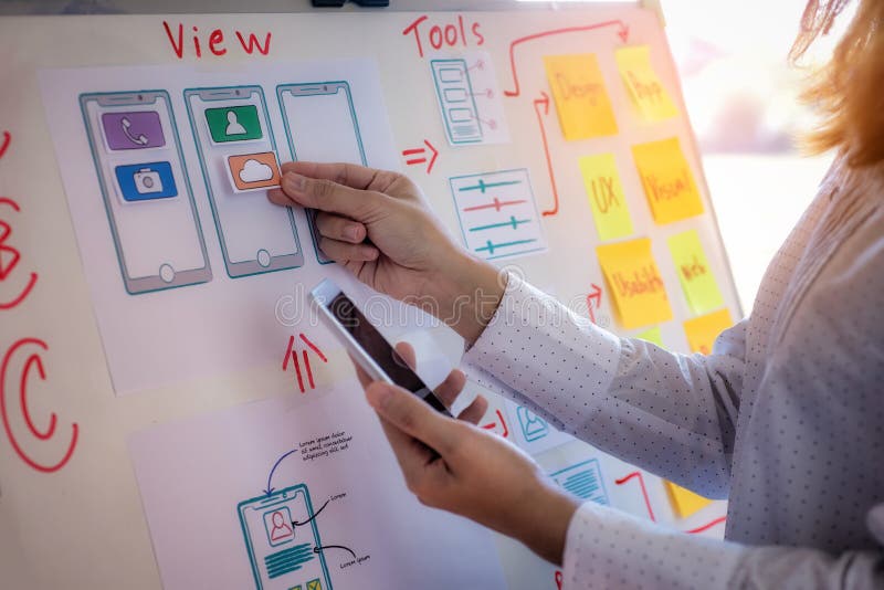 Web Designer Woman Doing Test Sketch Drawing Application for Mobile ...