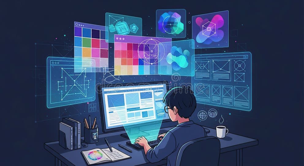 Web Designer at Work - Cartoon Illustration Stock Vector - Illustration of games, application ...