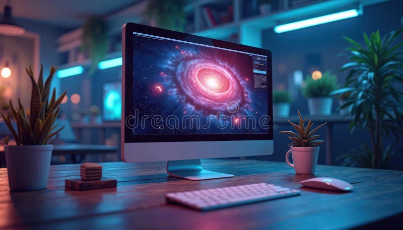 Web Designer Workspace with Computer Screen Showing Abstract Galaxy ...