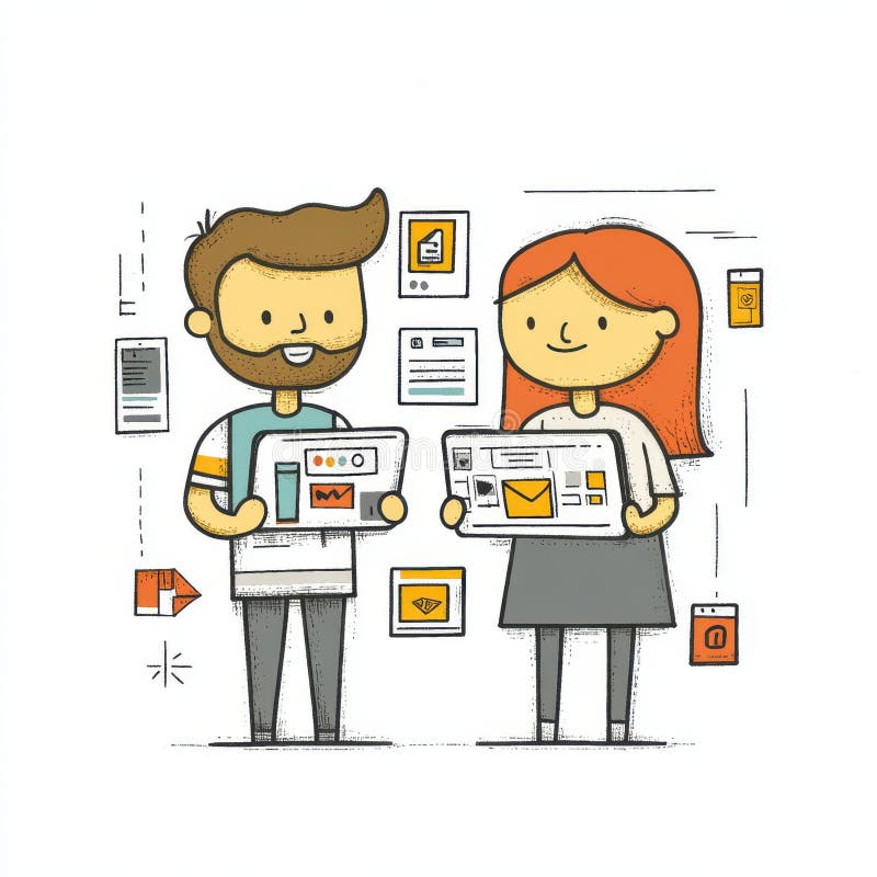 Web Designers Collaborating on Project Using Tablets Showing Website Mockups and Design Elements ...