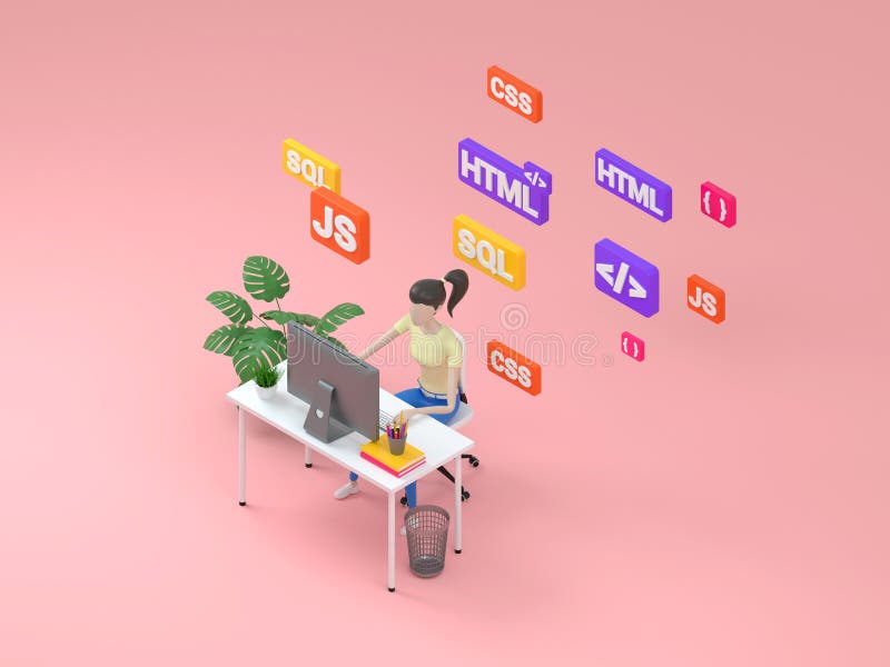 Woman Web Developer Working on Freelance. Isometric Illustration Icon ...