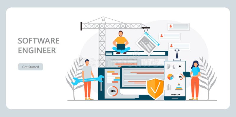 Web Developer Concept Vector For Landing Page Programmer Constructs Website Using Crane And