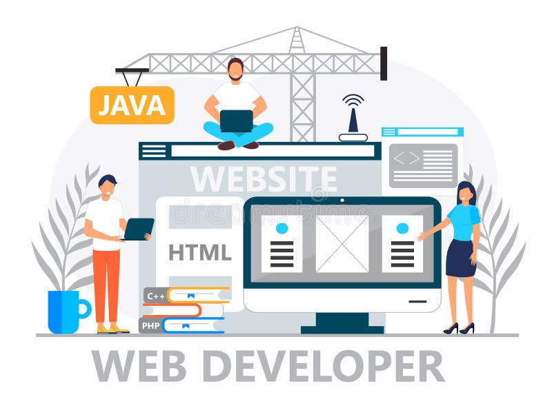 Web Developer Concept Vector For Landing Page Programmer Constructs Website Using Crane And