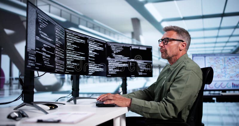 Man Programming Code On Computers Stock Image Image Of Page Internet