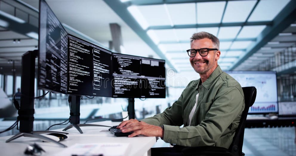 Web Developer Looking at Code Stock Image - Image of security ...