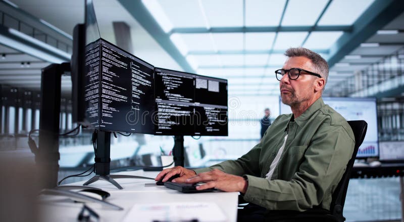 Man Programming Code on Computers Stock Image - Image of page, internet: 58557229