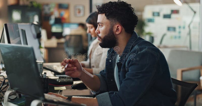 Web Developer, Man and Technology in Office with Thinking of Solution ...