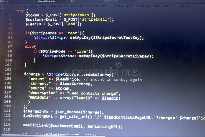 Web Developer PHP Code Close Up. Charging Customer Using Stripe API ...