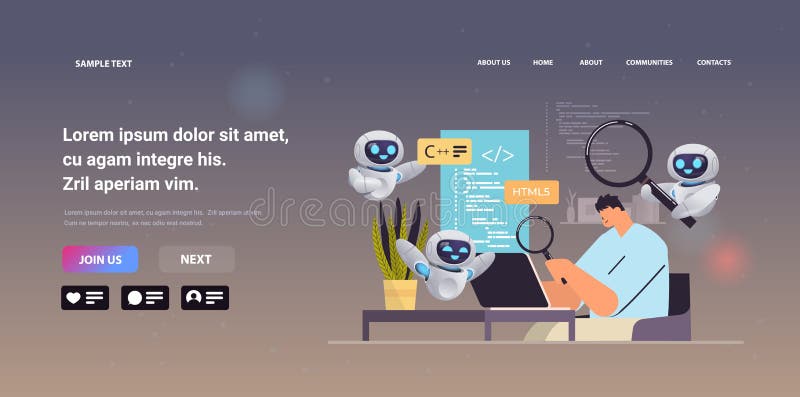 Web Developer With Robots Creating Program Code Development Of Software And Programming