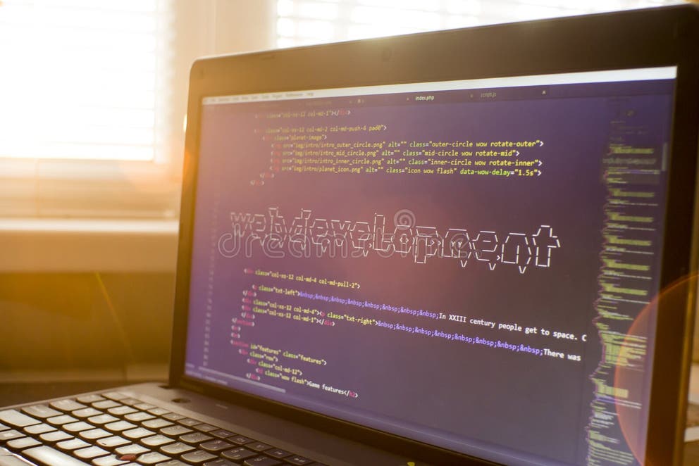 Web Developer Workplace in Sunset Lights. Web Development Phrase ASCII ...