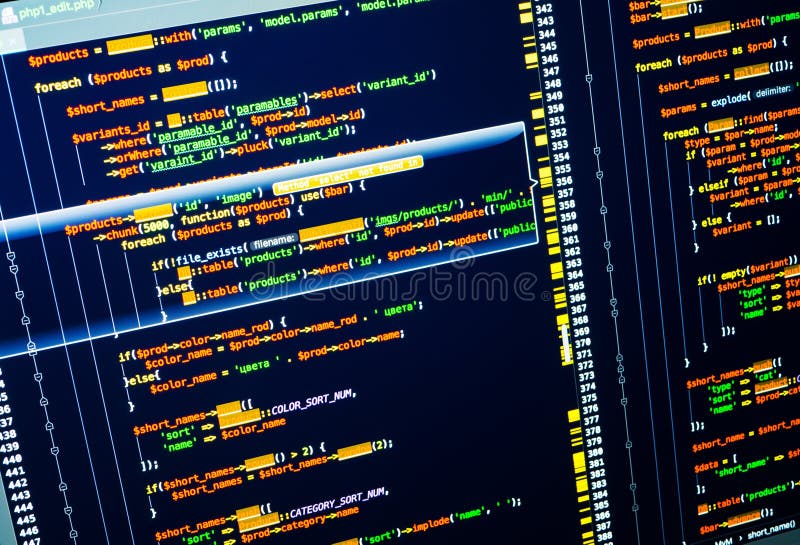Lines of Orange Php Code on Blue Background, Front View Stock Photo ...