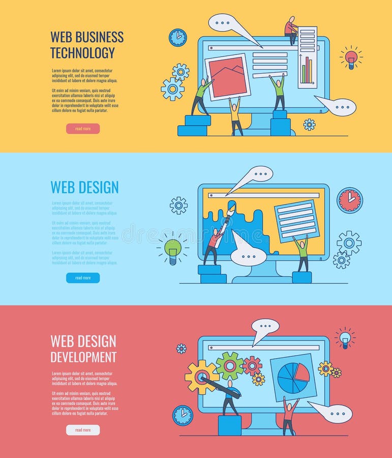 Web Development Banners Set with People Silhouette Building Website ...