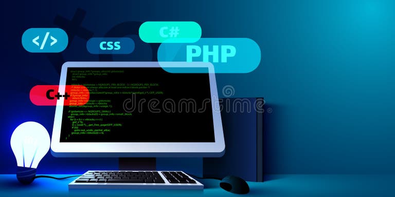Web Development, Coding and Programming Futuristic Banner. Computer Code on Computer Stock ...